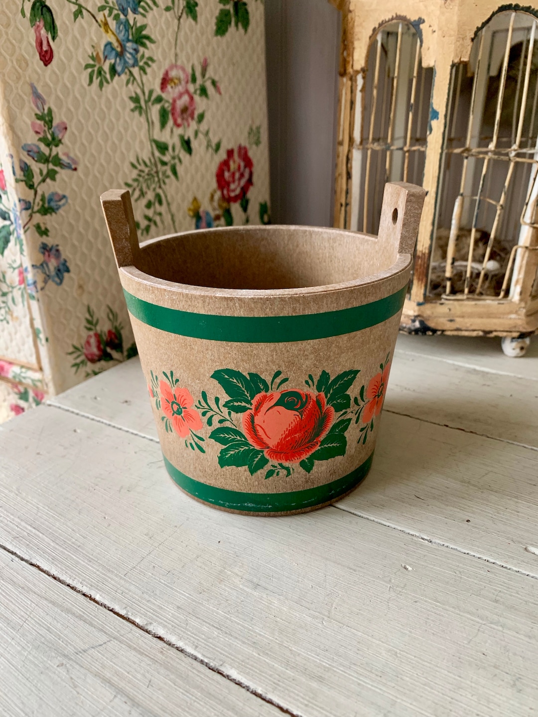 Schumm Plastic W Germany Mid Century Floral Faux Bois Bucket Planter ...