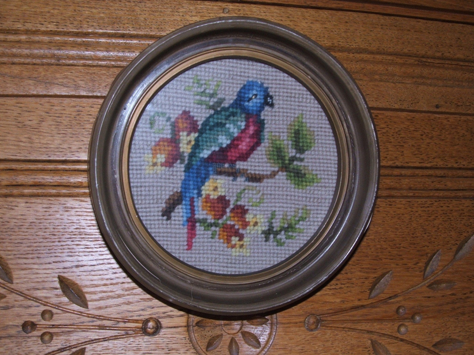 Antique Needlepoint Bird in Round Frame - Etsy