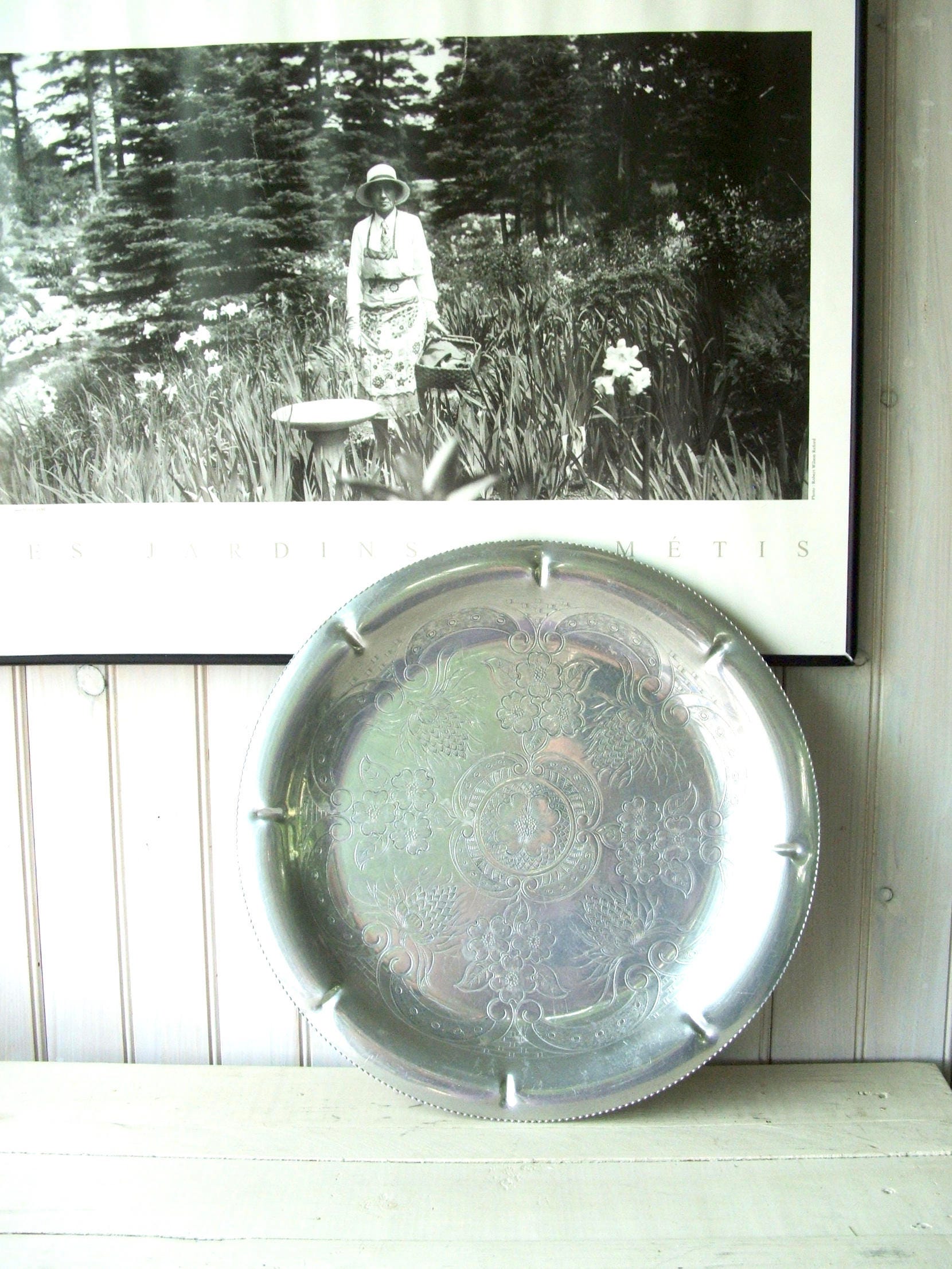Large Round Aluminum Serving Tray Floral Motif | Etsy