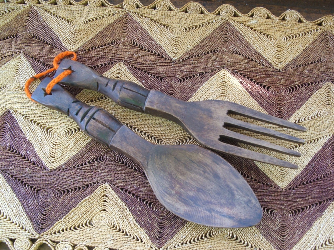 Vintage Wood Hand Carved African Tiki Salad Utensils Fork and - Etsy