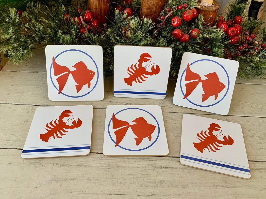 Set of Six Seafood Lobster and Fish Paper and Cork Coasters - Etsy