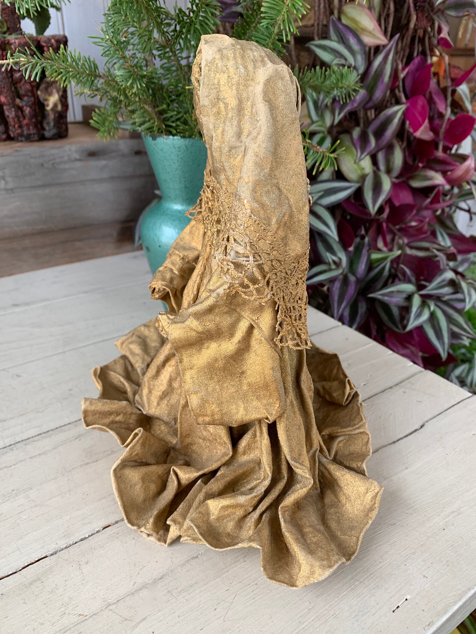 Vintage Handmade Gold Starched Fabric Mary Figurine With Lace - Etsy