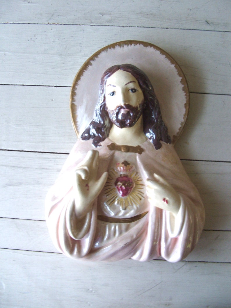 Vintage Handpainted Chalkware Sacred Heart Jesus Christ Wall Hanging - Etsy