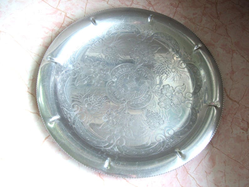 Large Round Aluminum Serving Tray Floral Motif - Etsy
