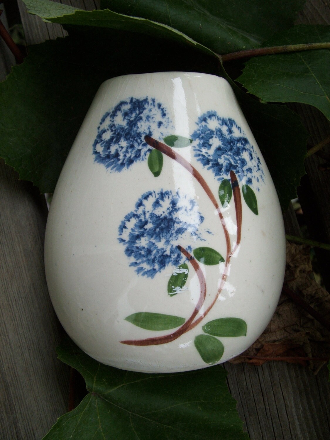 Vintage Ceramic Vase With Sponge Painted Blue Flowers - Etsy