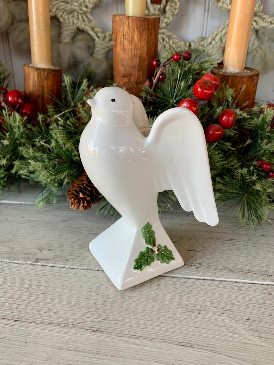 1986 Lefton China Christmas White Dove With Holly Candle Holder - Etsy