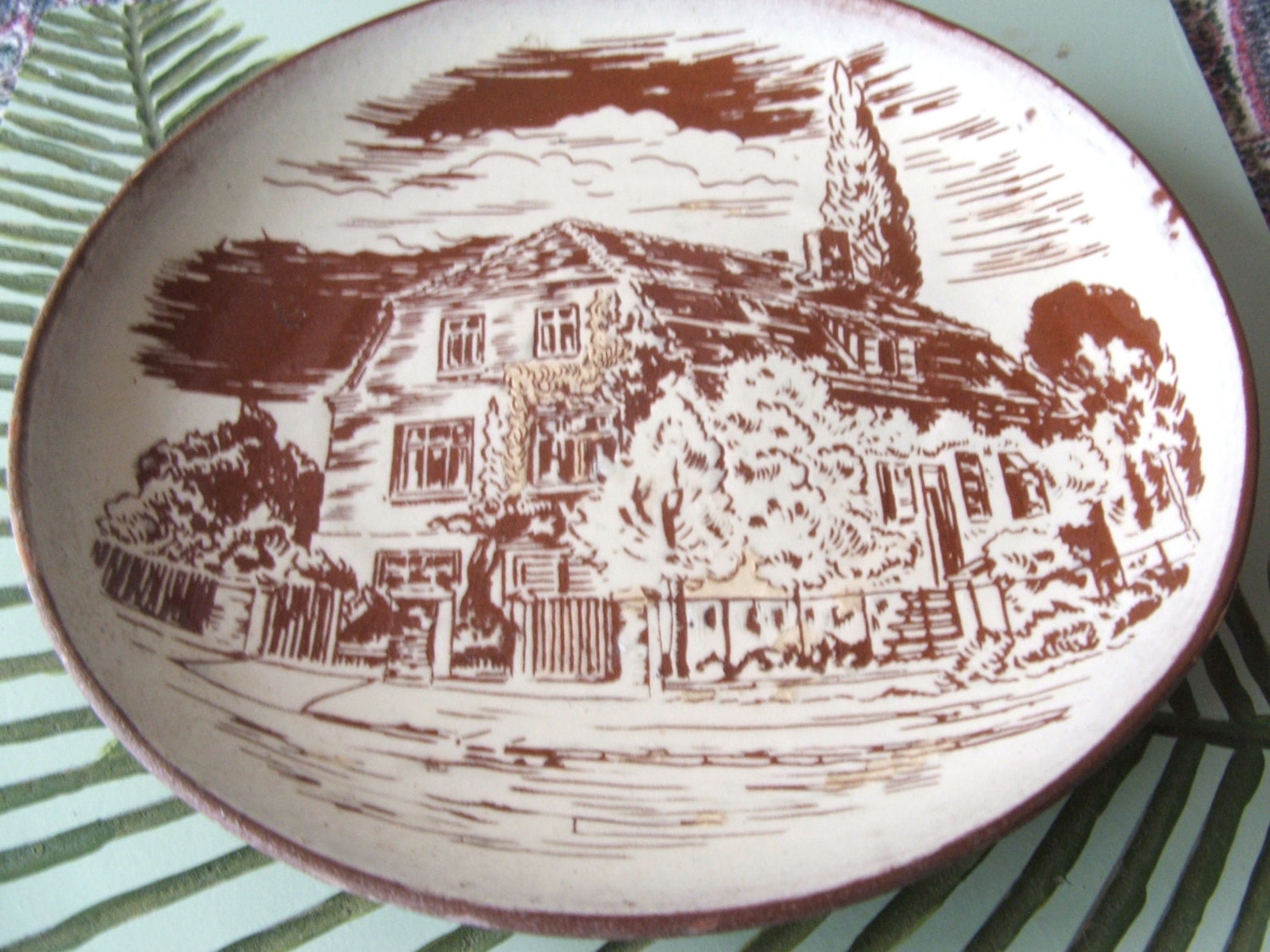Vintage Redware Pottery Plate With House and Trees - Etsy