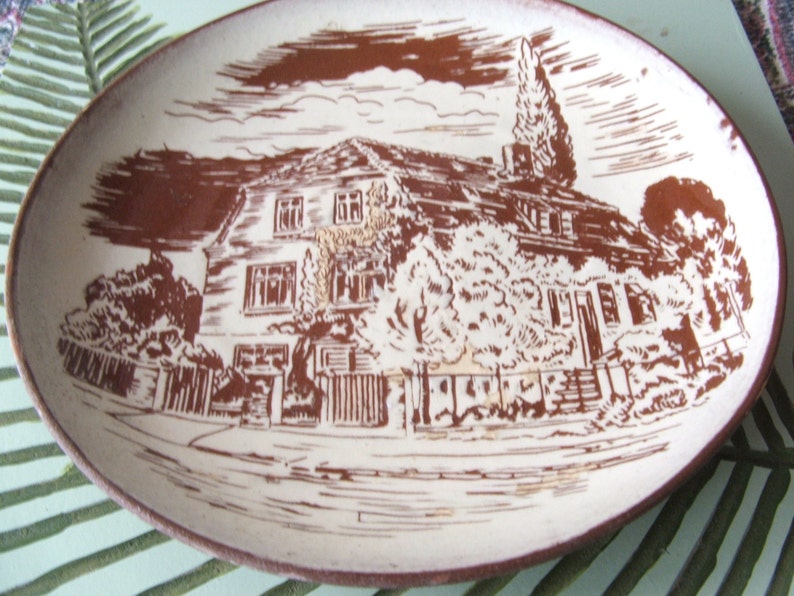 Vintage Redware Pottery Plate With House and Trees - Etsy