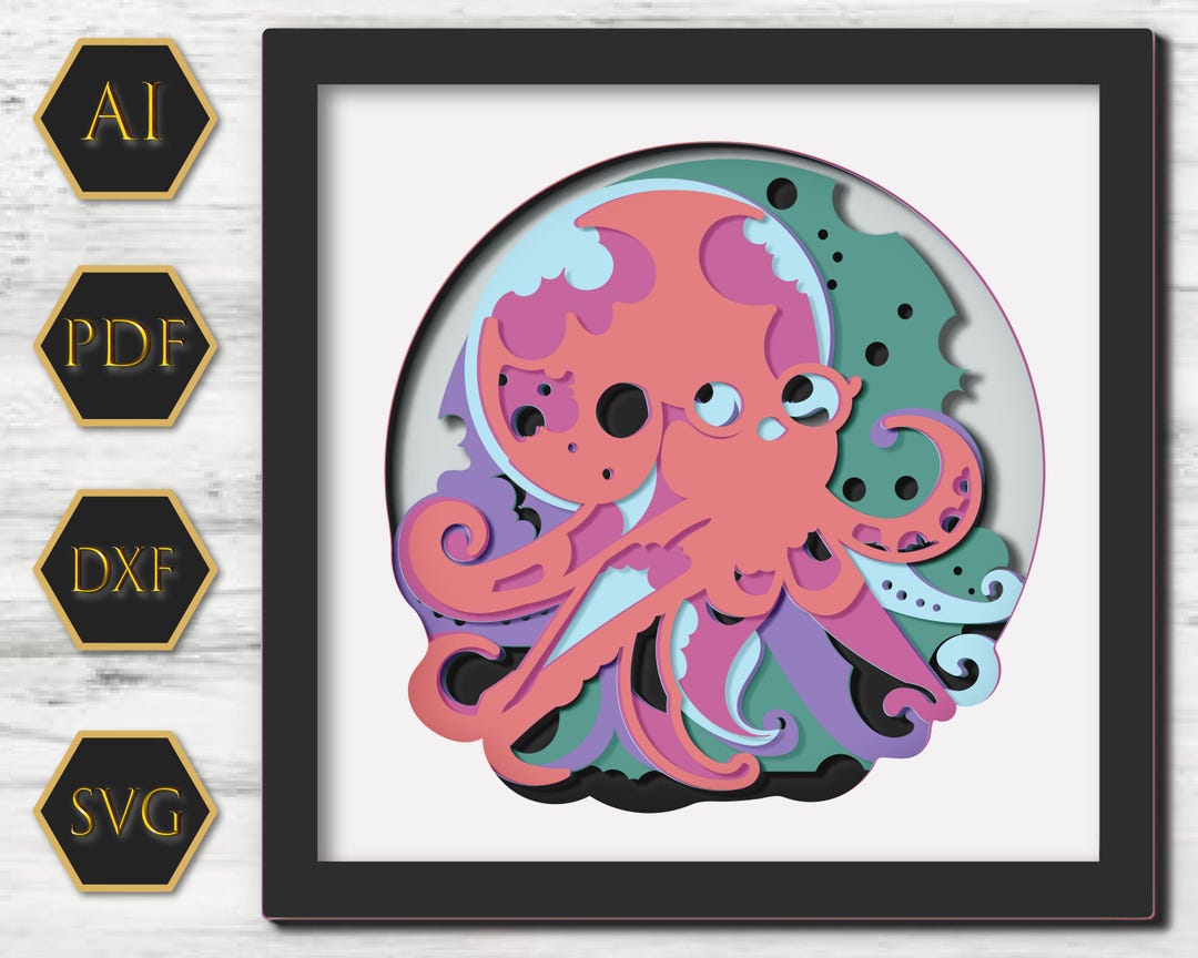 Octopus Shadow Box SVG Template, 3D SVG Sea Life Shadowbox, DIY Beach ...