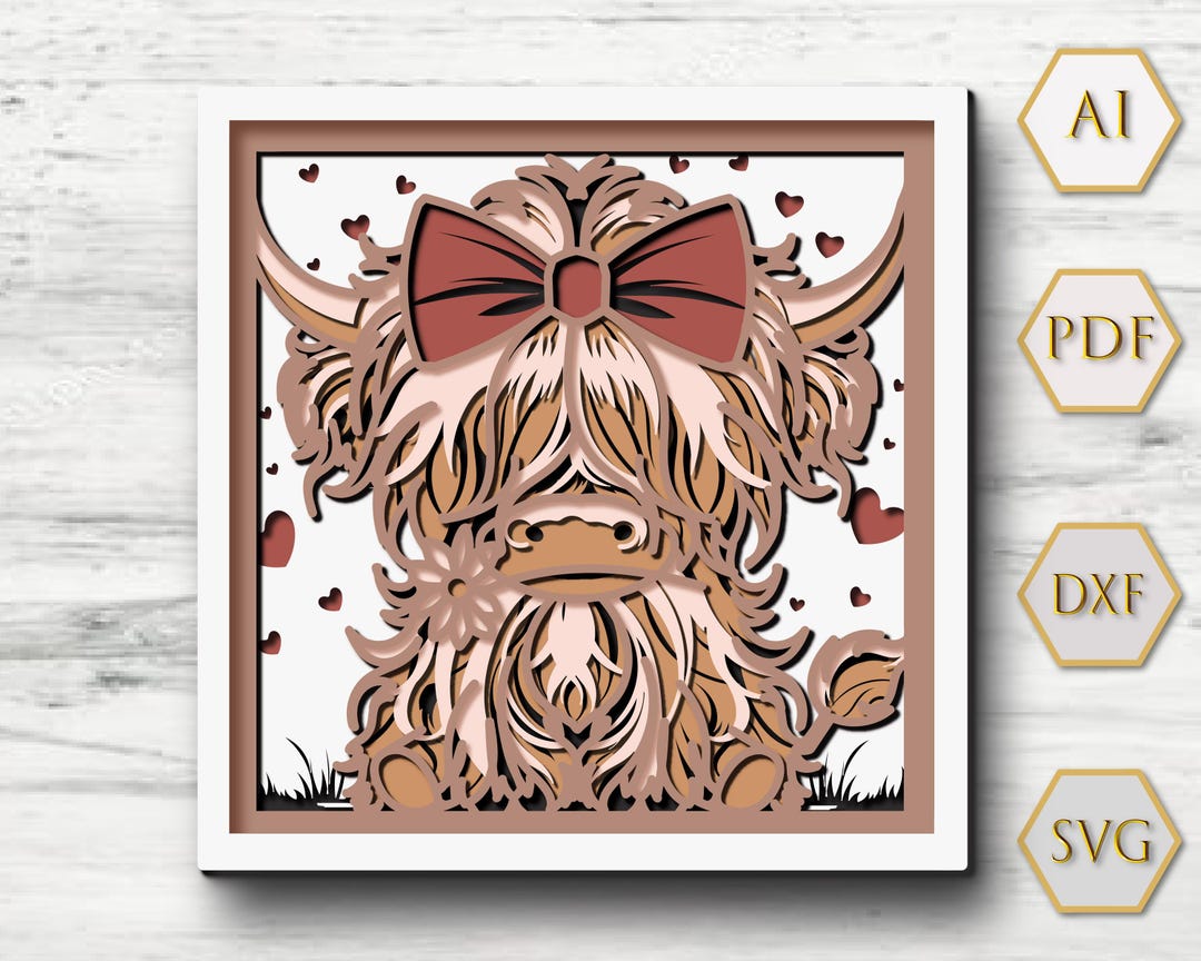 3D Highland Cow Shadow Box SVG: Layered Papercut Design (digital ...