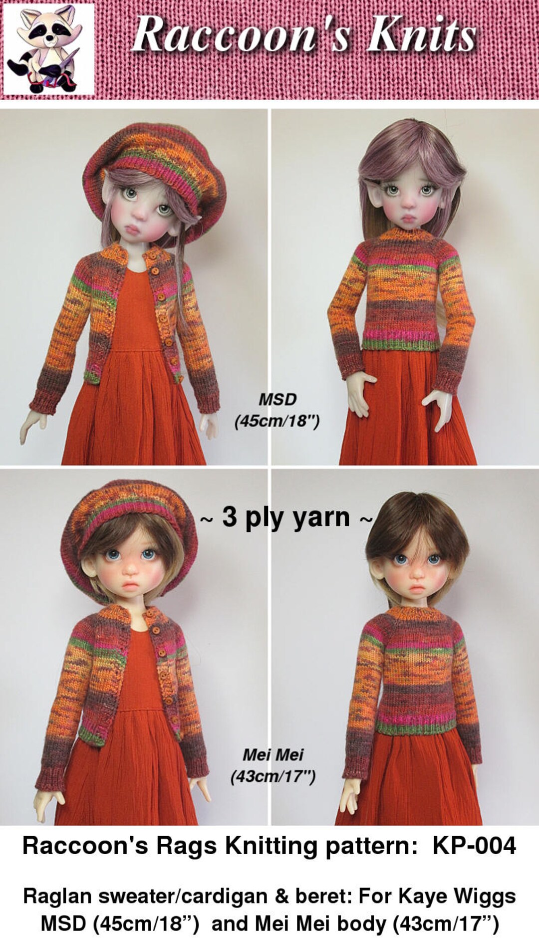 KNITTING Pattern KP-004: Raglan Sweater/cardigan & Beret for Kaye Wiggs ...