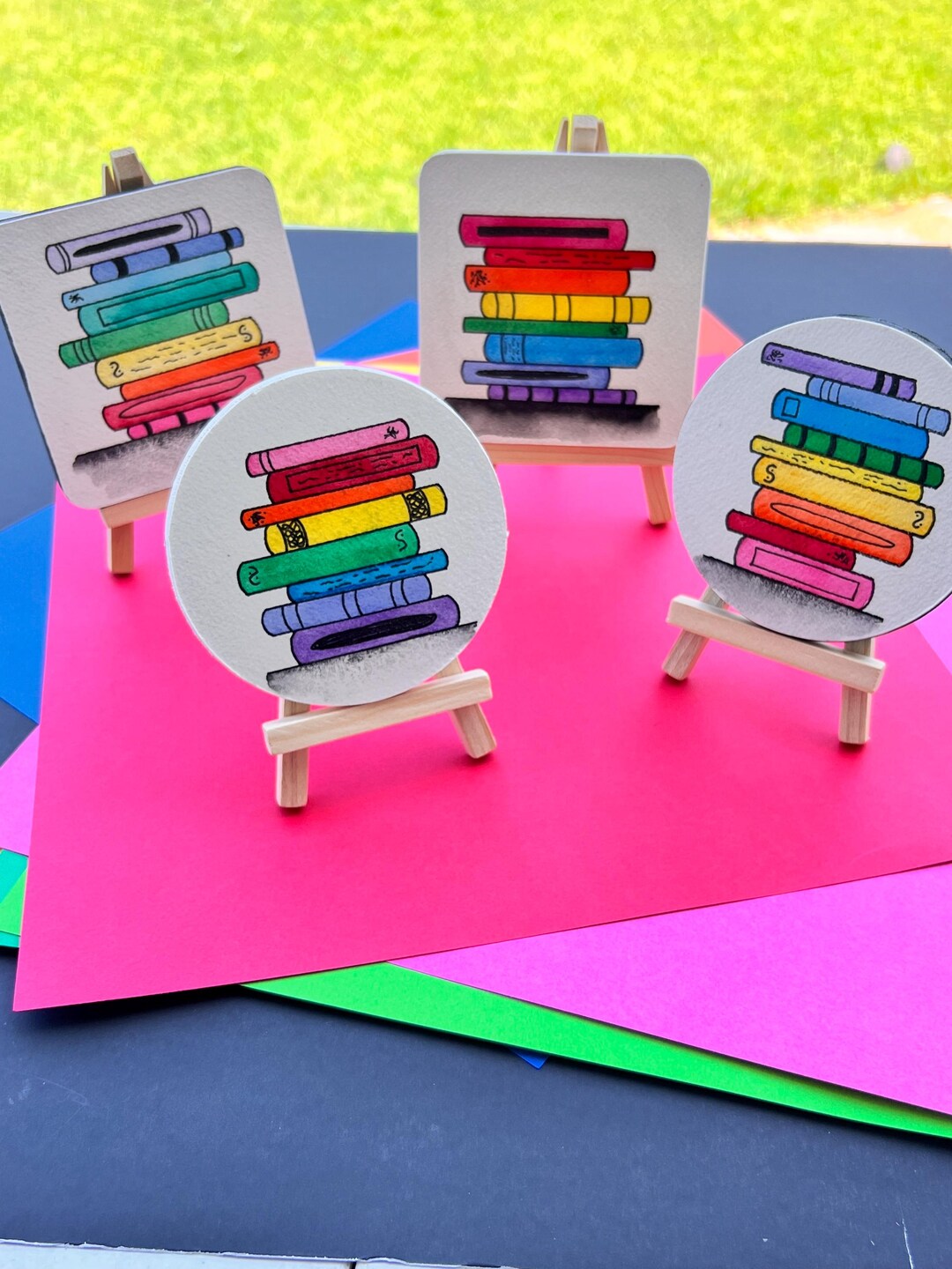 Rainbow Book Stack Mini Painting With Easel - Etsy