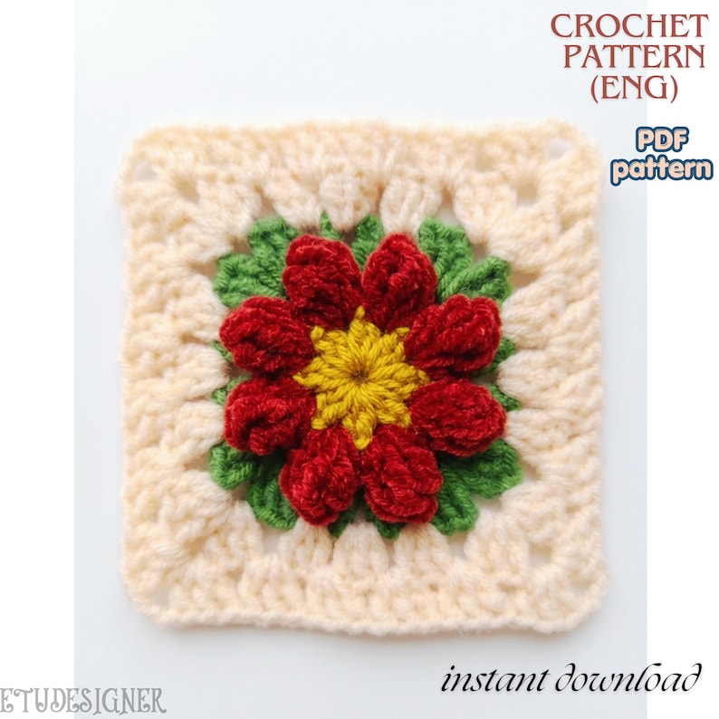Crochet Solid Flower Granny Square Pattern PDF , Floral Motif , Boho ...