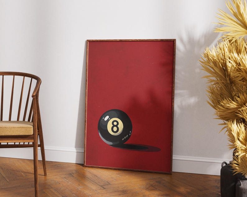 Lucky 8 Ball Wall Art, Vintage Pool Ball Print, Red Pool Poster, Retro ...