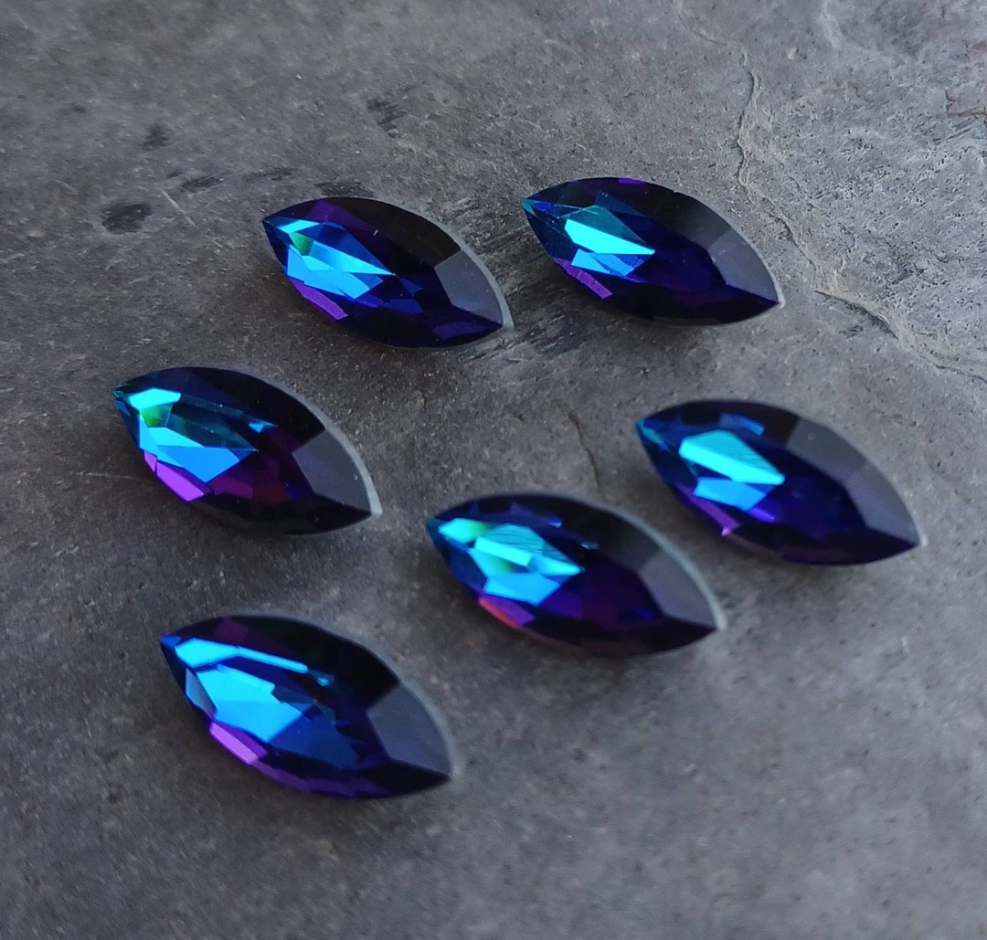 6 Bermuda Blue Crystal Navettes, Rare Color, Preciosa Crystal, 15mm X ...