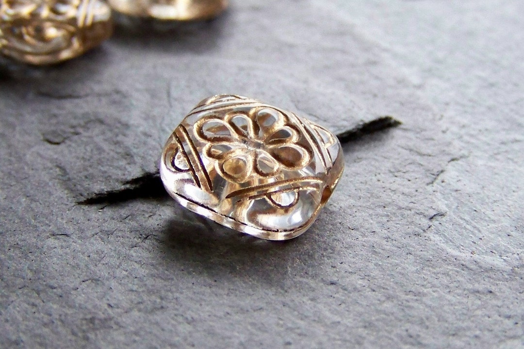 10 Crystal and Gold Etched Acrylic Floral Tab Beads, 12mm, Boho Jewelry ...