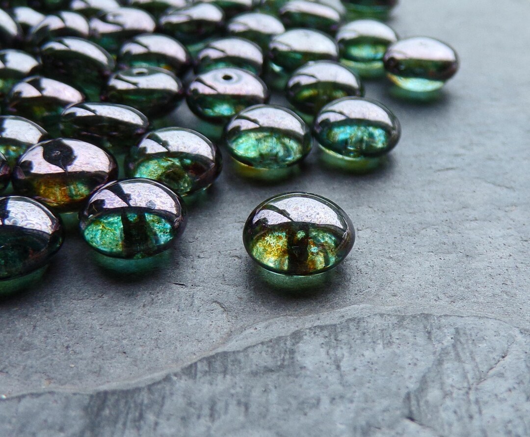 10 Small Round Glass Cabochon, Lumi Green, Picasso, Czech Glass, Round ...