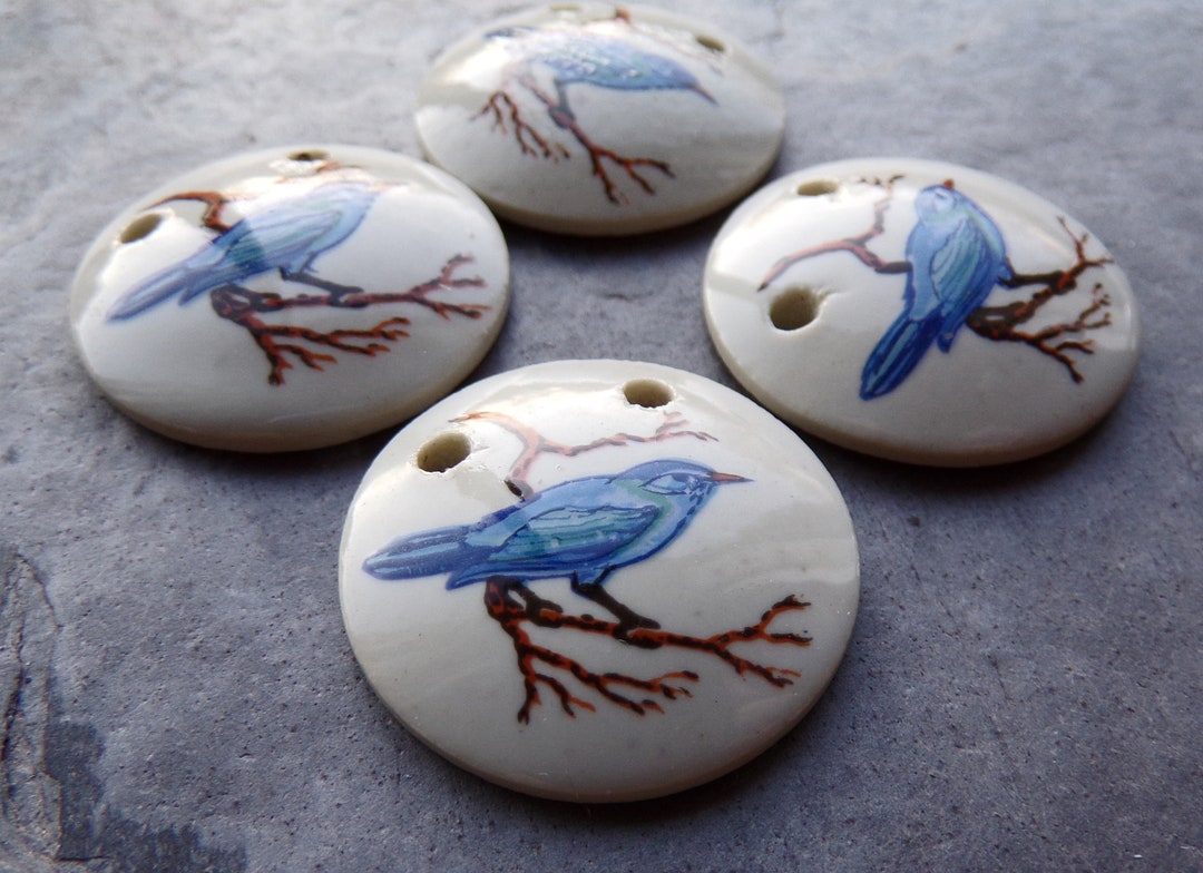 2 Hand Painted Blue Bird Ceramic Pendant, Round Pendant, Two Holes ...