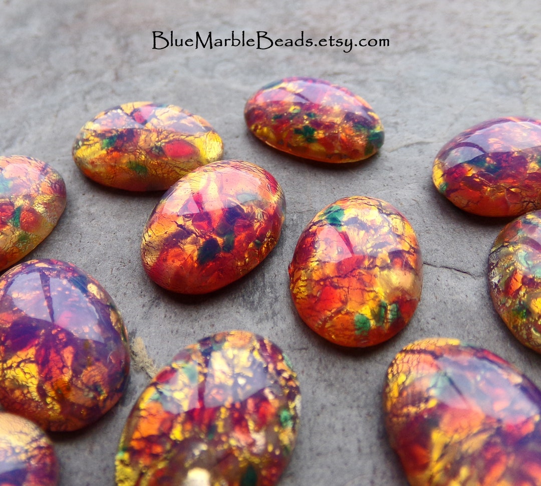 2 Vintage Glass Fire Opal Oval Cabochons, Fire Opal Glass, Glass Cabochon, Domed, Flat Back ...