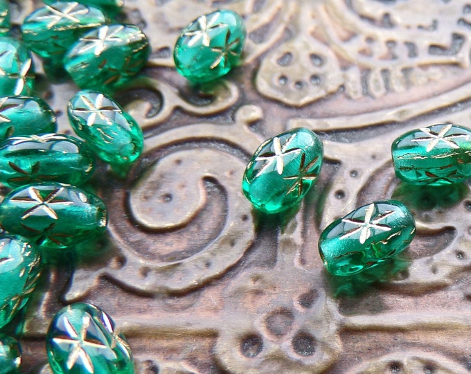 30 Etched Glass Star Beads, Rice Beads, Tube Beads, Teal Green Beads ...