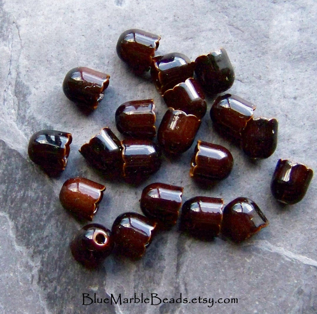 20 Enamel Bead Cap, Tulip Bead Cap, Brown Bead Cap, Vintage Bead ...