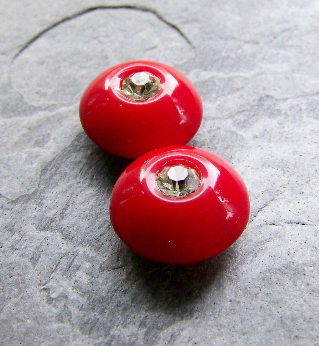 2 Rare Vintage Cherry Red Glass Crystal Button Cabochons, Rhinestone ...