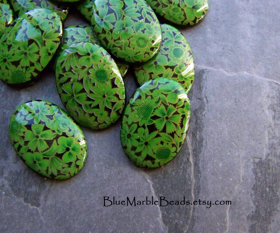 6 Vintage Floral Lucite Cabochons, Oval Cabochons, Green Flowers ...