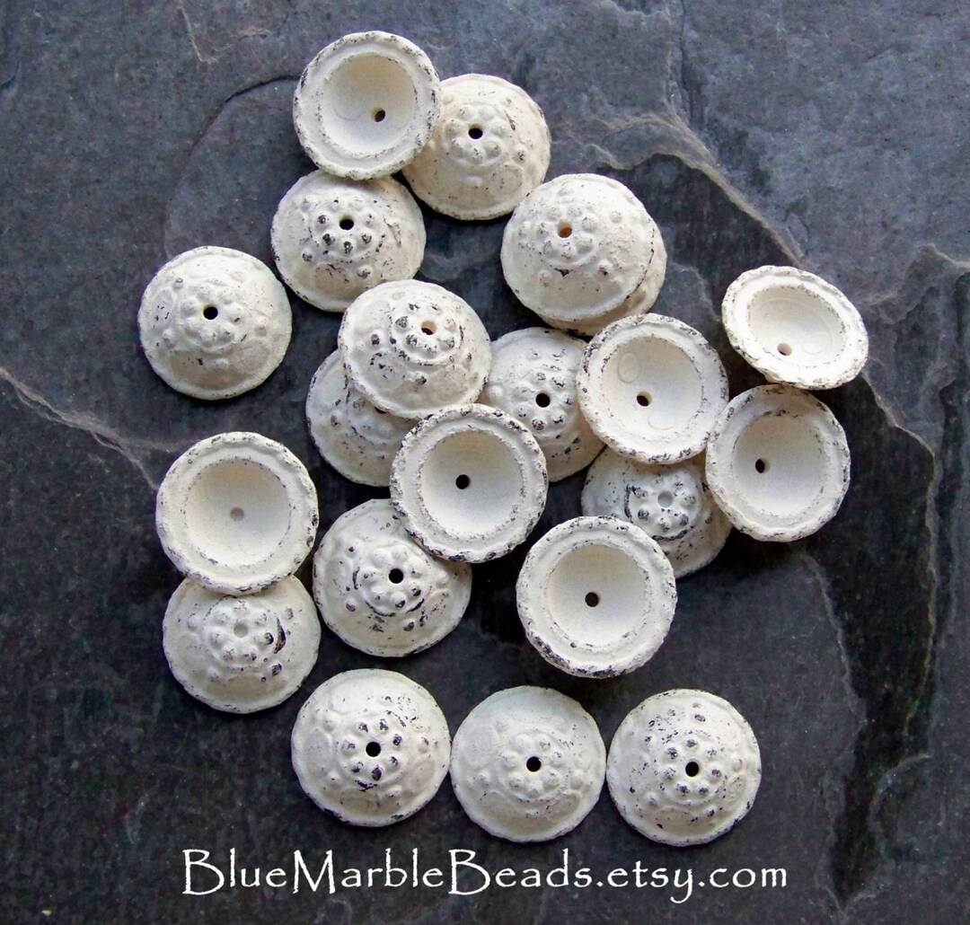 10 Vintage Shabby Chic White Distressed Washed Bead Caps, Ornate ...