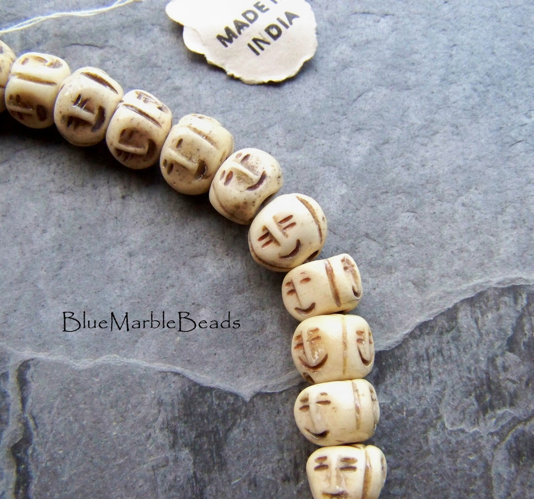 6 Carved Bone Beads, Smiling Face Beads, Hand Carved Beads, Tribal ...