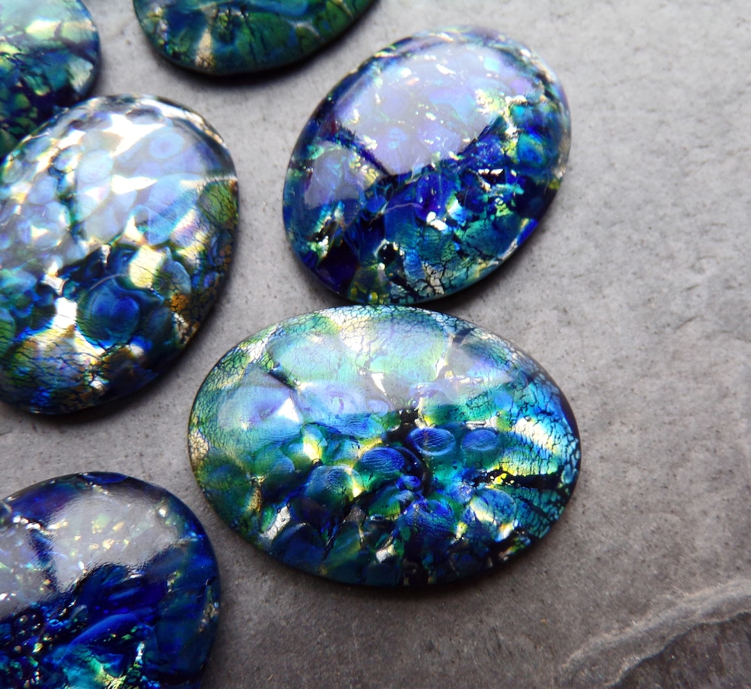 1 Vintage Sea Opal Oval Glass Cabochon, Art Glass, 30 X 22, Preciosa Cabochon, Flat Back, Blue ...