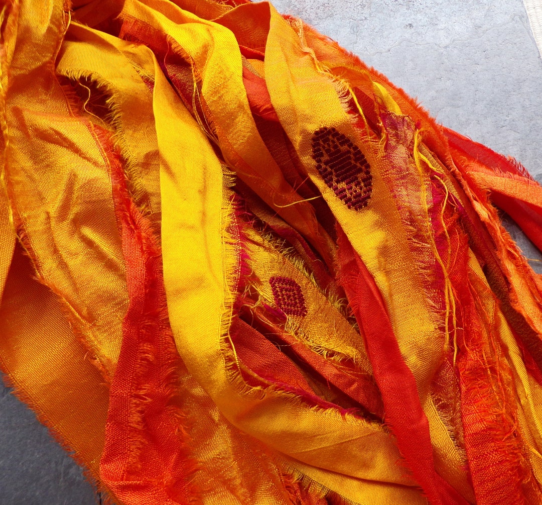 5 Yards Silk Sari Ribbon, Recycled Sari Ribbon, Reclaimed, Orange ...