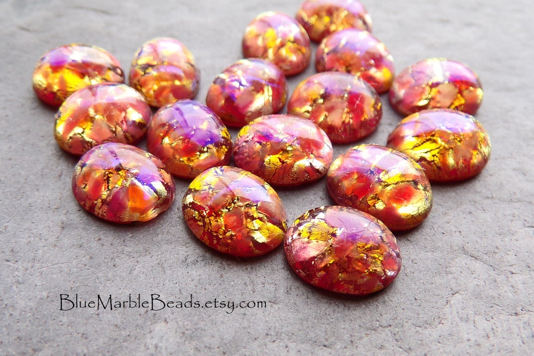 Red Fire Opal Dragon's Breath Czech Glass Cabochons, 10x8mm (set of 6 ...