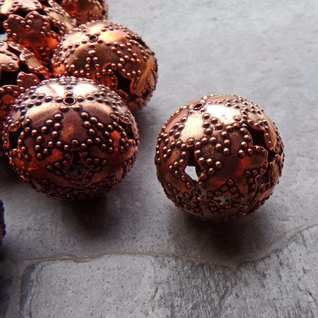 5 Antique Copper Metal Filigree Beads, Large Metal Beads, Cut Work ...