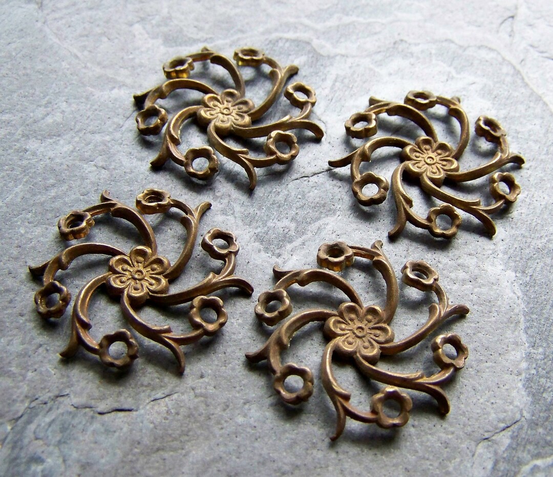 4 Vintage Solid Brass Swirling Flower Findings, Brass Finding, Brass ...