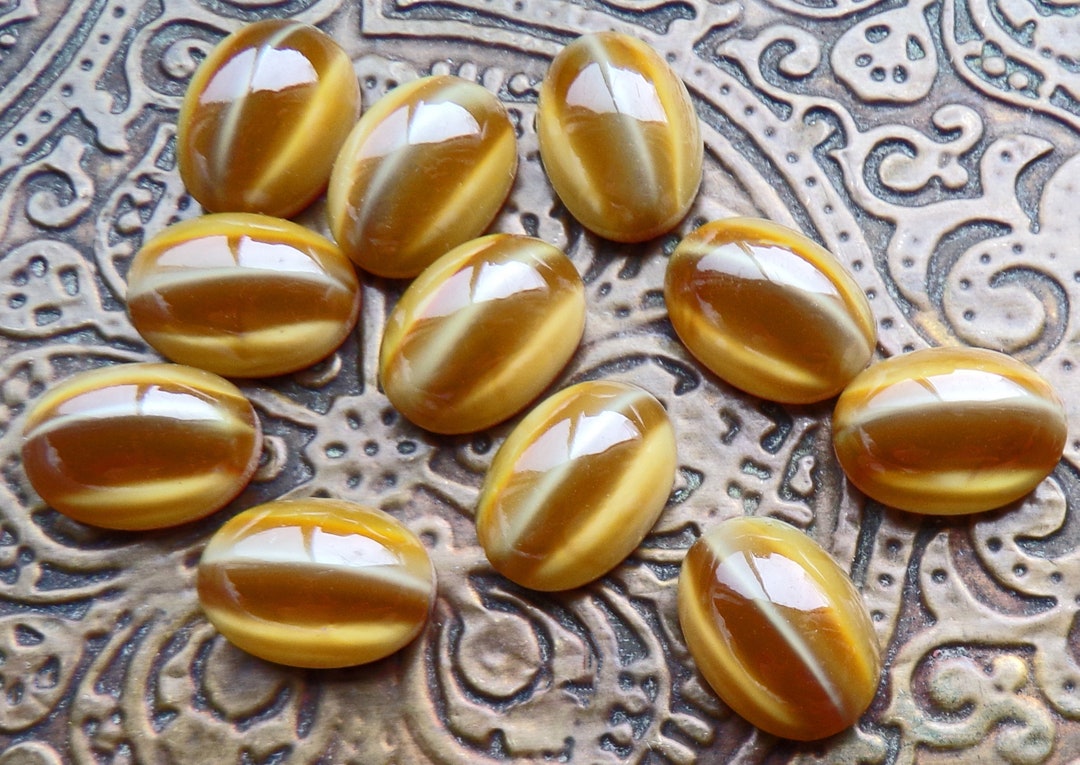 4 Vintage Topaz Cats Eye Glass Oval Cabochons, Czech Glass Cabochons ...