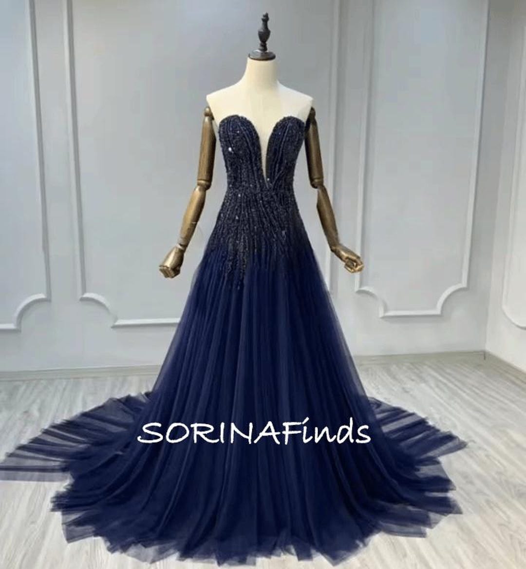 Deep V Navy Blue Court Train Wedding Dress,beading Rhinestone Long ...