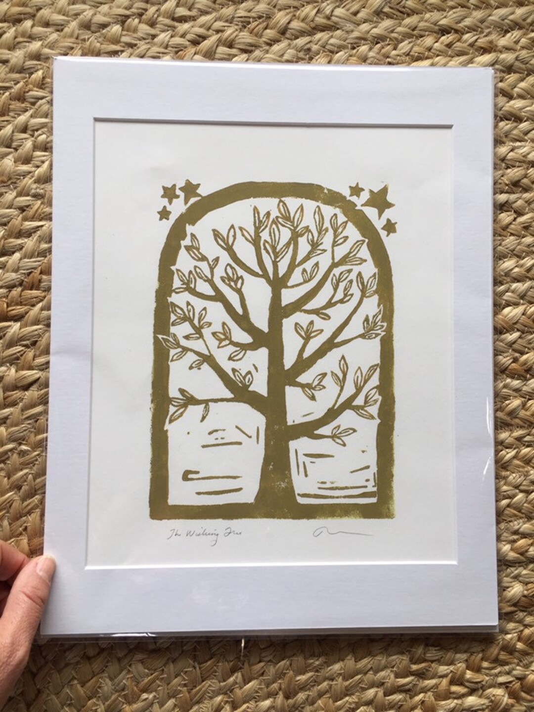 Tree of Life Linocut Block Art Print With Mat, Handmade Yellow Ochre ...