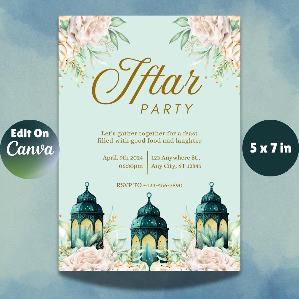 Iftar Invitation, Green Floral Iftar Invitation, Eid Ul Fitr Invitation ...