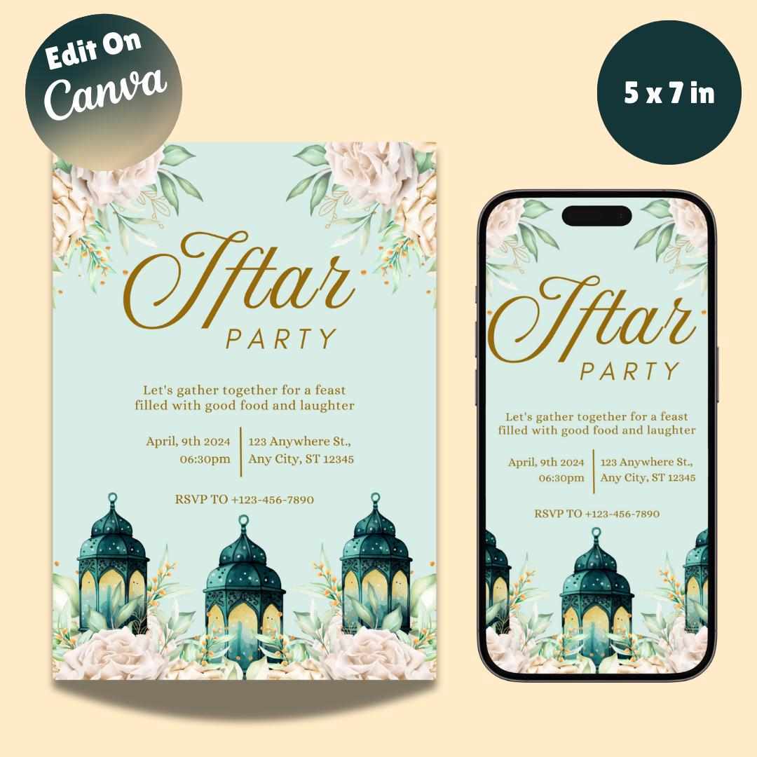 Iftar Invitation, Green Floral Iftar Invitation, Eid Ul Fitr Invitation ...