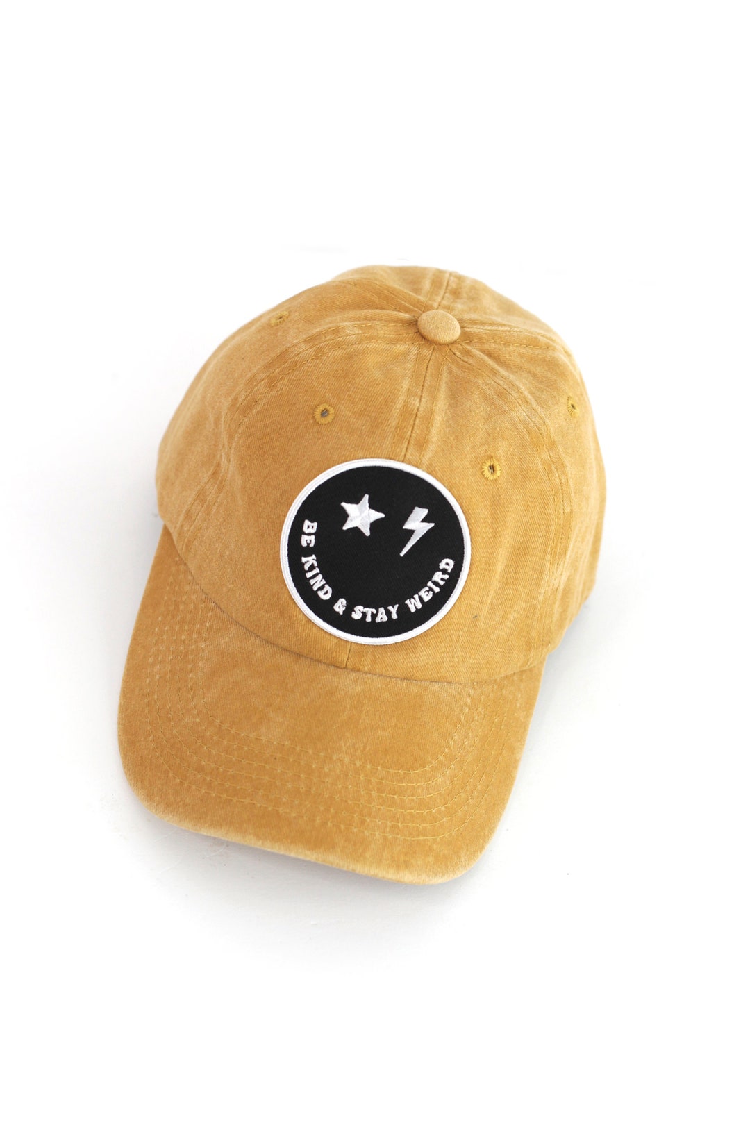 Be Kind & Stay Weird Smiley Face Mustard Baseball Cap, Vintage Wash ...