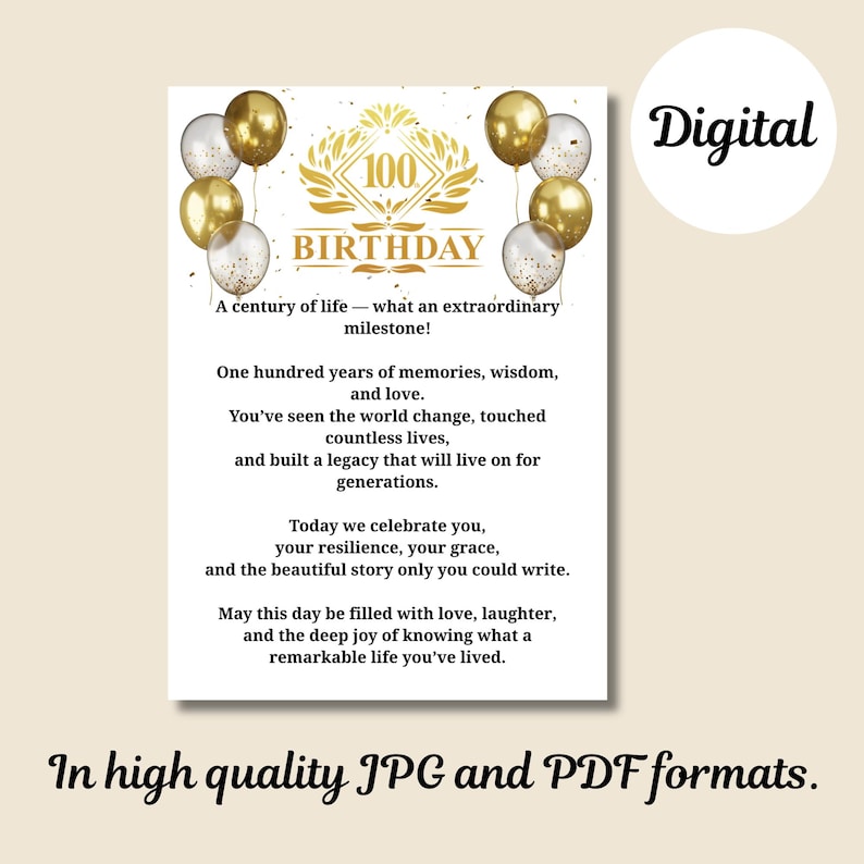 100th Birthday Card Printable Foldable Digital Gold Balloons Card for ...