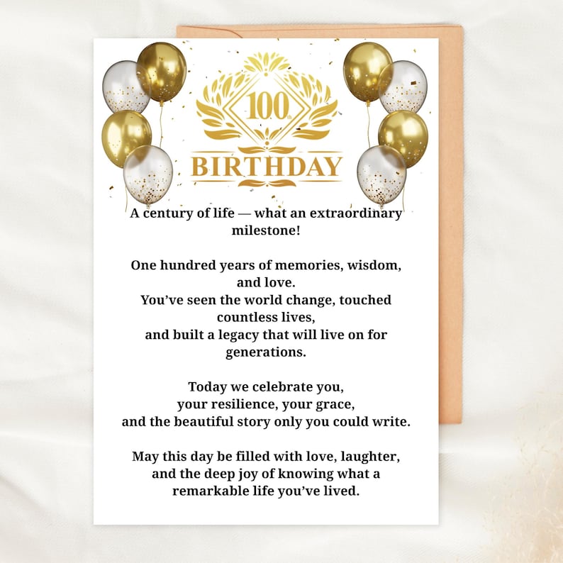 100th Birthday Card Printable Foldable Digital Gold Balloons Card for ...