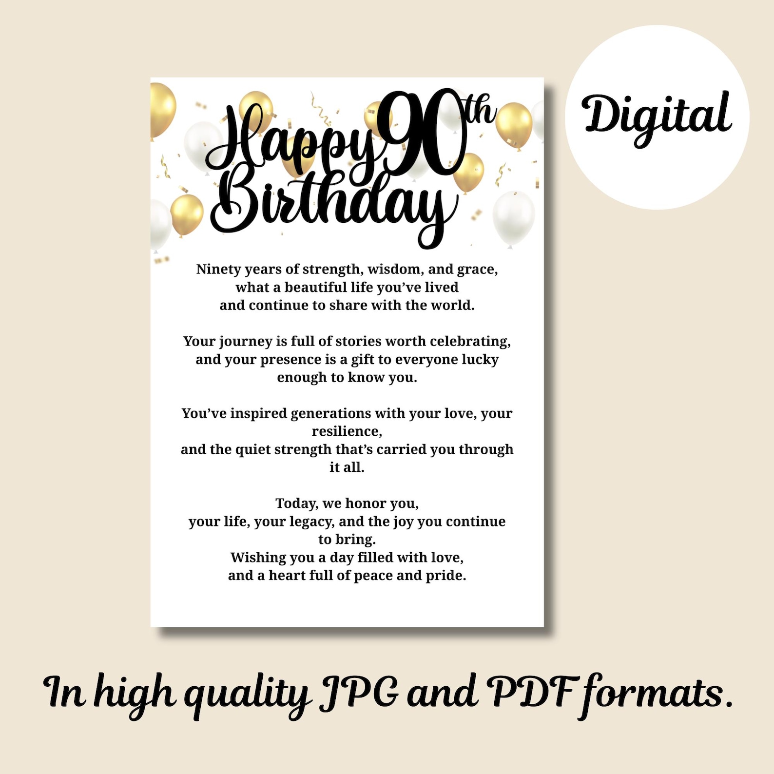 90th Birthday Card Printable Foldable Poem Card for Her or Him Digital ...