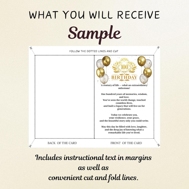 100th Birthday Card Printable Foldable Digital Gold Balloons Card for ...