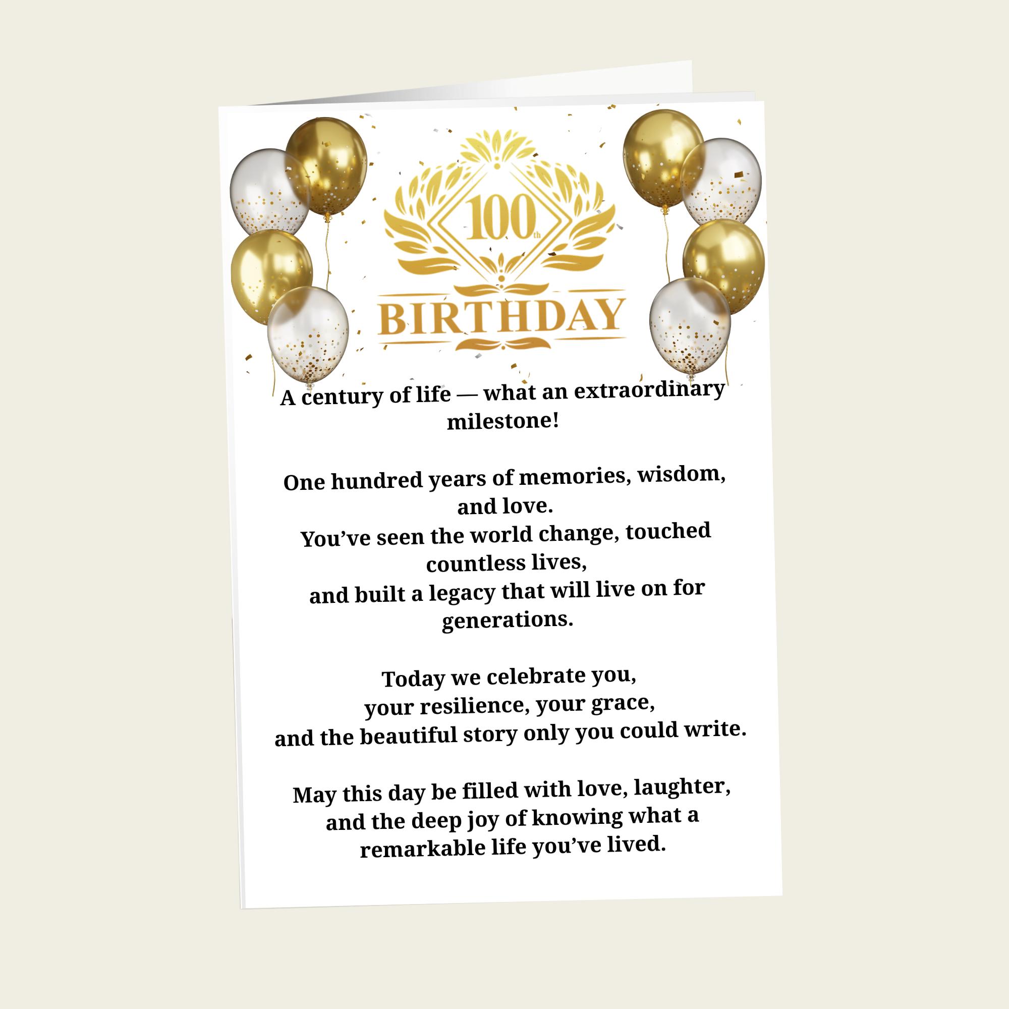 100th Birthday Card Printable Foldable Digital Gold Balloons Card for ...