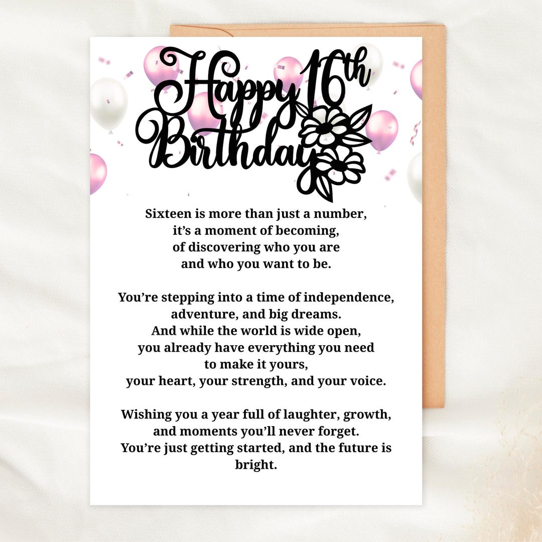16th Birthday Card Printable Sweet 16 Foldable Card for Her Teen Girl ...