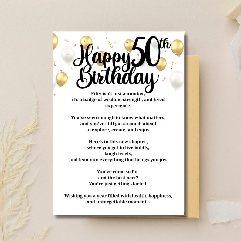 50th Birthday Card Printable Foldable Digital Gold Balloons Card for ...