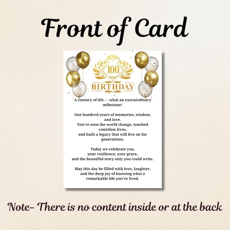 100th Birthday Card Printable Foldable Digital Gold Balloons Card for ...