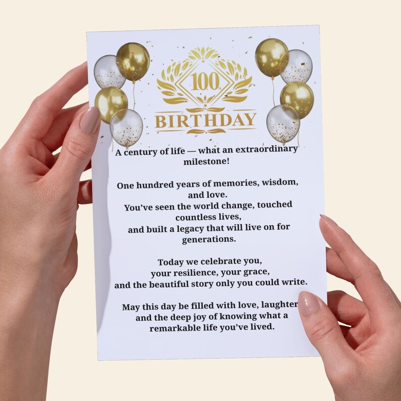 100th Birthday Card Printable Foldable Digital Gold Balloons Card for ...