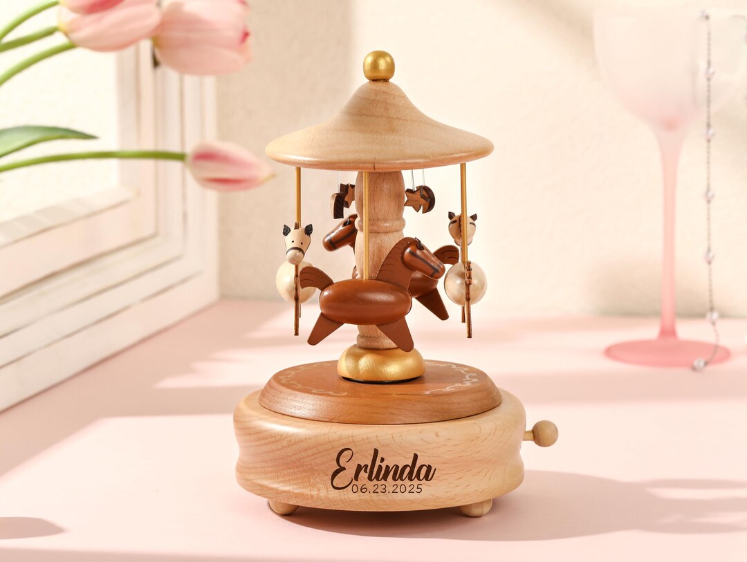 Star Top Carousel Personalized Wooden Music Box, Engraved Wooden Music ...